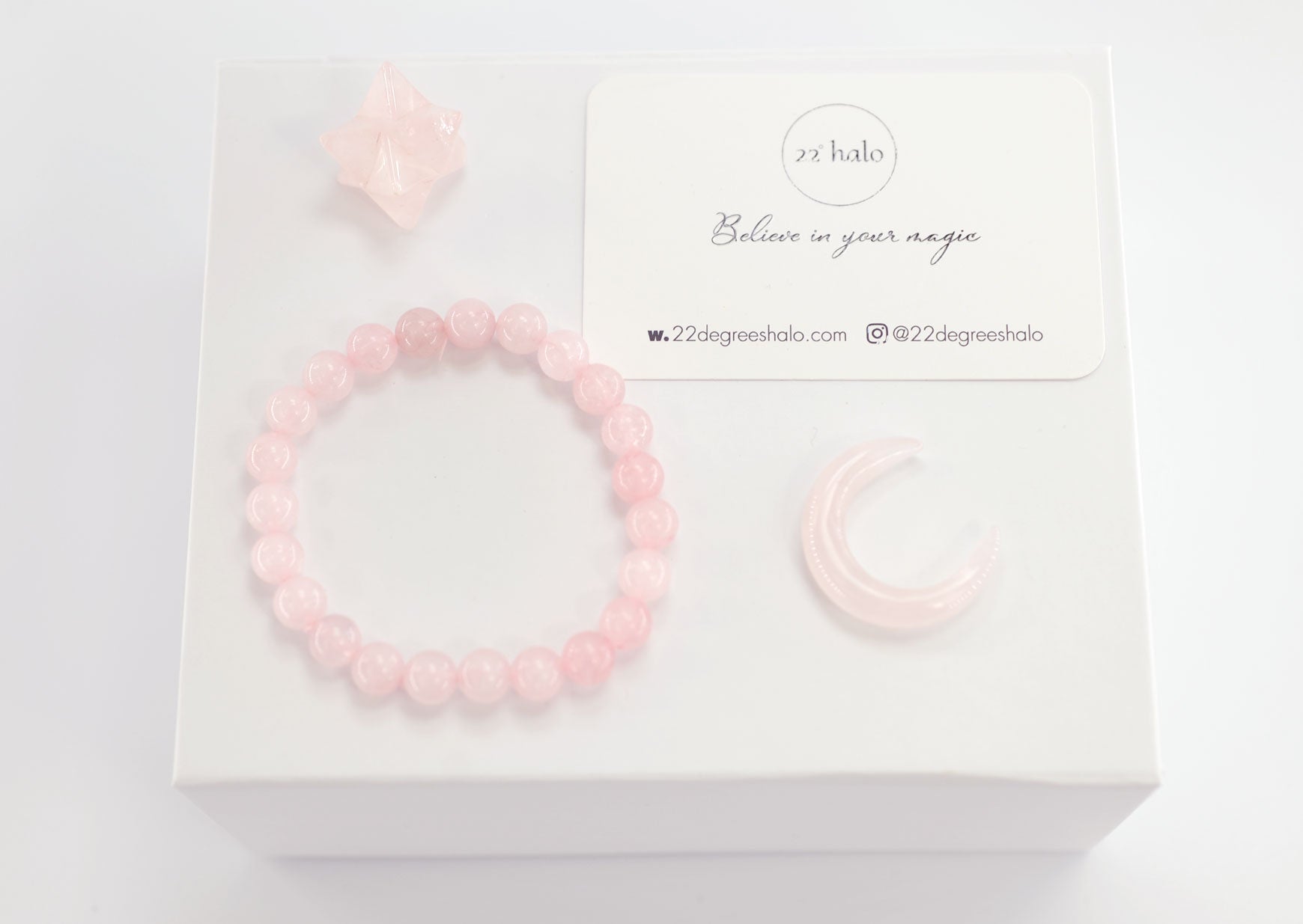 Rose Quartz Crystal Moon & Star Gift Set – 22 Degrees Halo